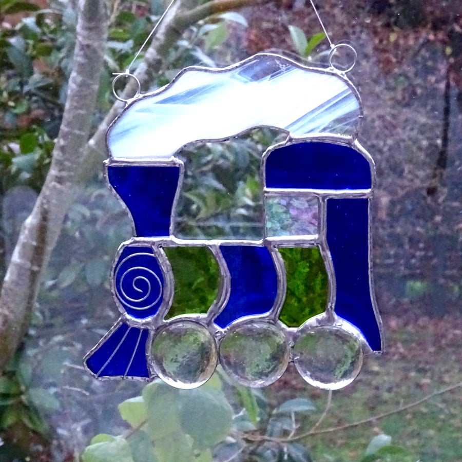 Stained Glass Train Suncatcher - Blue and Lime - Folksy