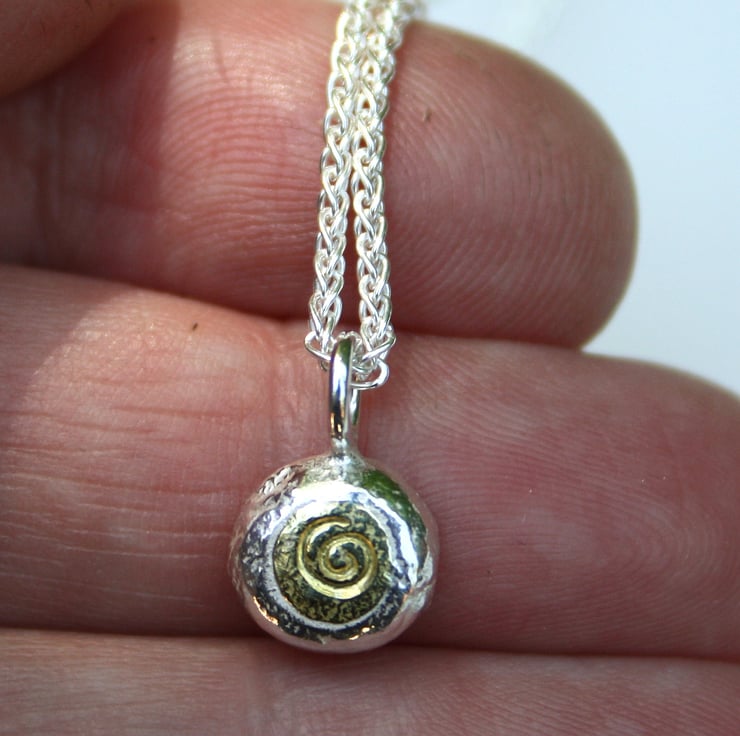 Silver and 18ct gold spiral pebble pendant and ... - Folksy