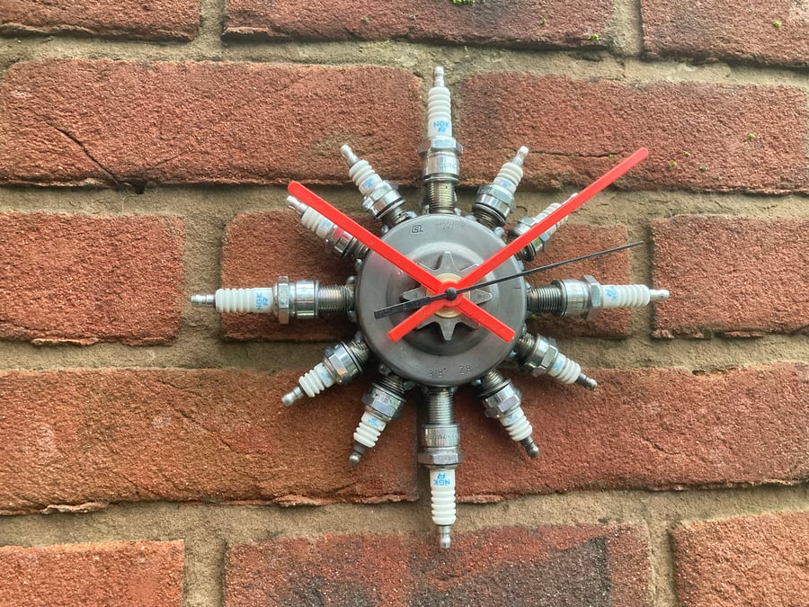 Sunburst Wall Clock, Repurposed Spark Plugs - Folksy