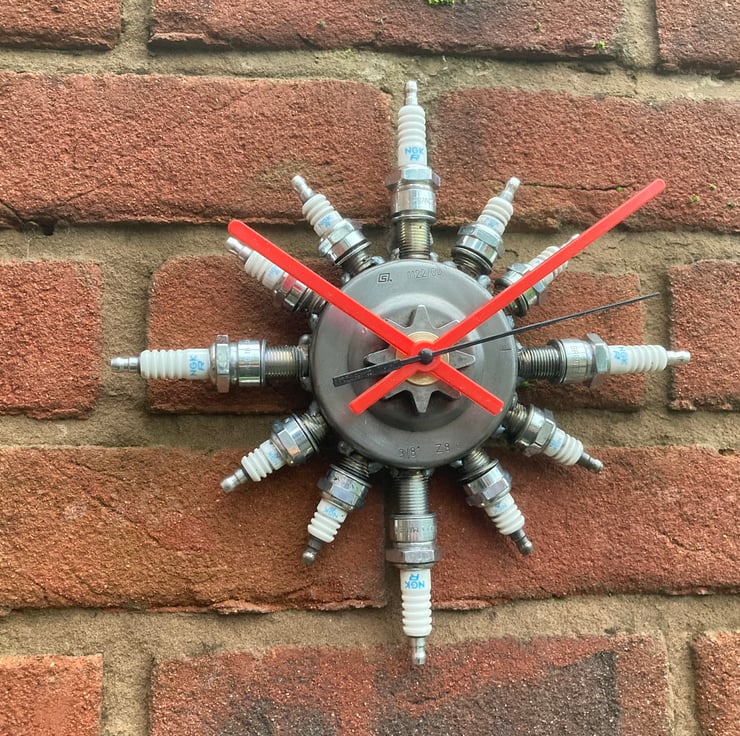 Sunburst Wall Clock, Repurposed Spark Plugs - Folksy