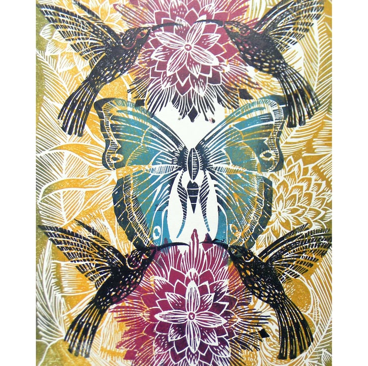 Hummingbirds and Butterfly Original Lino Cut P... - Folksy