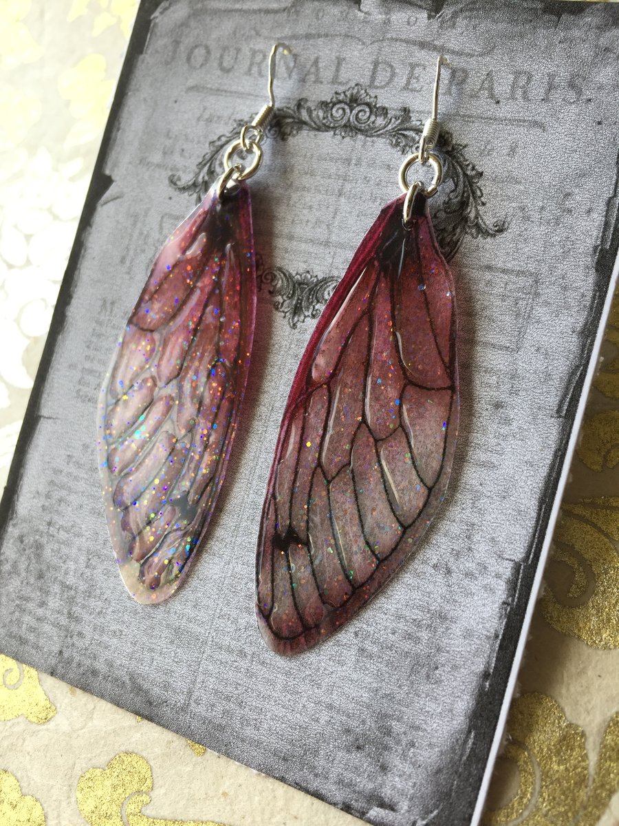 Dark Pink Glittery Fairy Wing Sterling Silver E... - Folksy