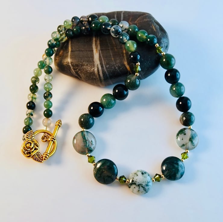 Moss Agate Necklace With Green Swarovski Crysta... - Folksy