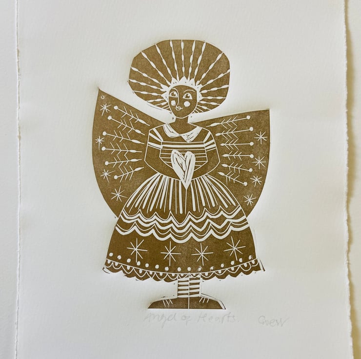 Angel of Hearts, linocut artwork - Folksy