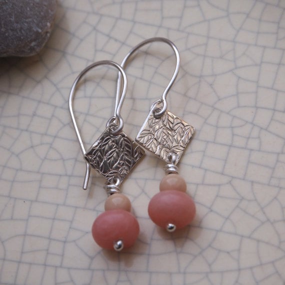 Leaf drop earrings, silver earrings with rose jade - Folksy
