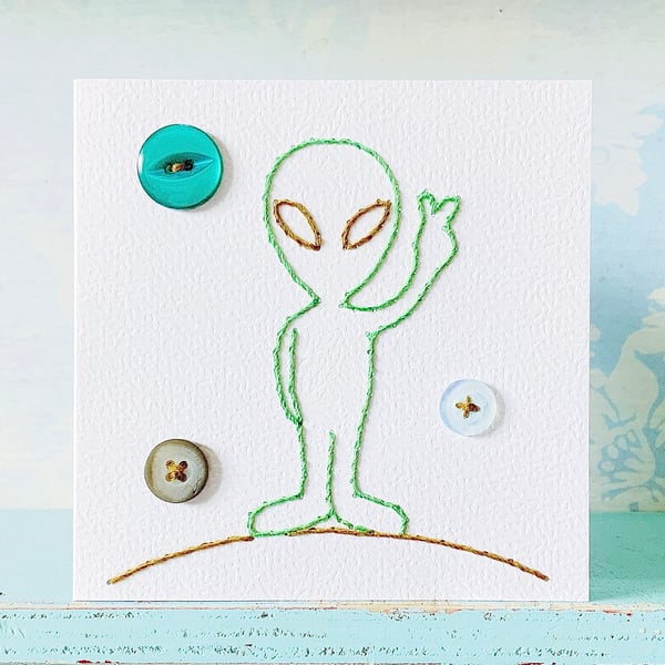 Alien Card. Hand Sewn Card. Embroidered Card. F... - Folksy