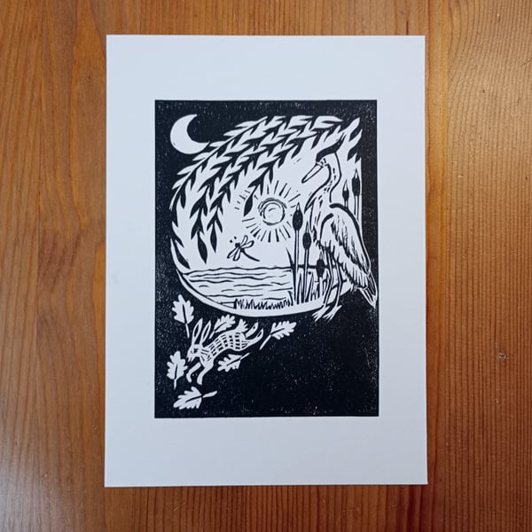 Original A5 linocut print of heron with rabbit - Folksy