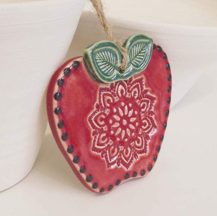 ceramic Folk art style red apple decoration - Folksy