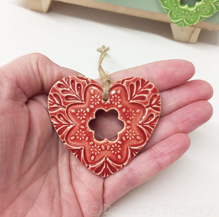 Set of six small Ceramic heart hanging decorati... - Folksy