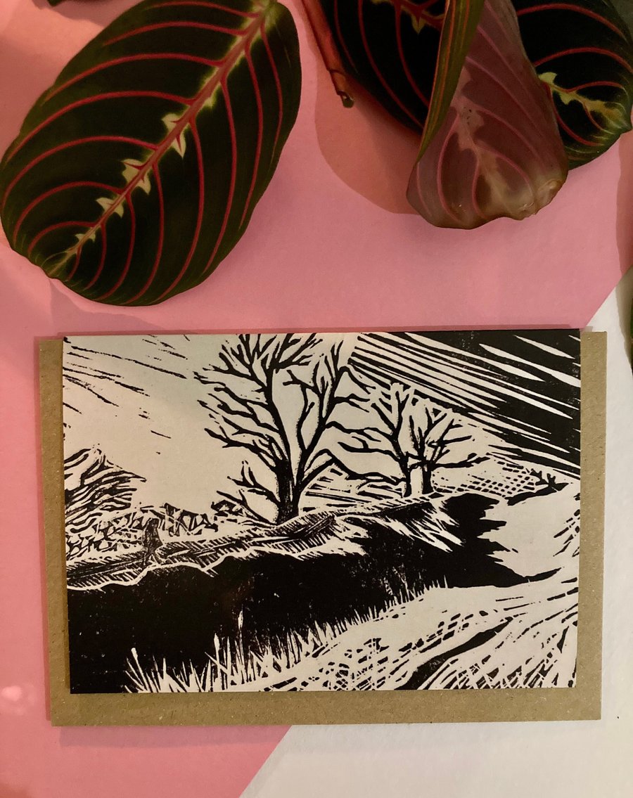 Card - Linocut design - Hod Hill - Folksy