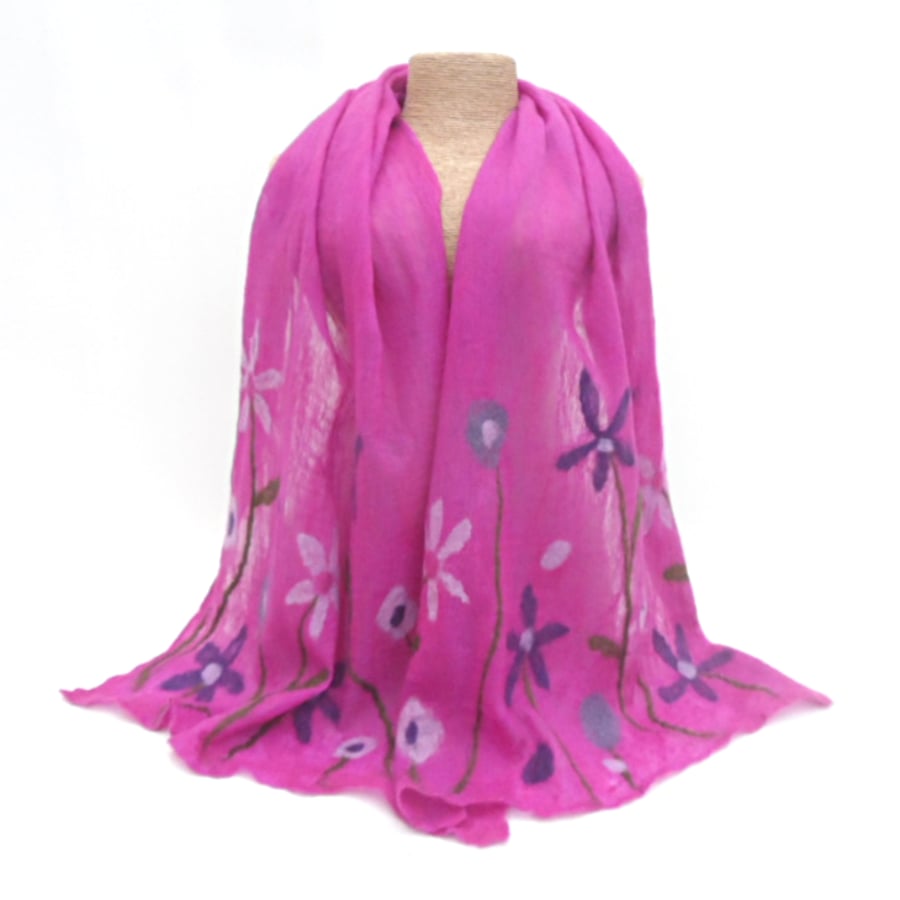 Fuchsia pink nuno felted scarf with floral detail - Folksy