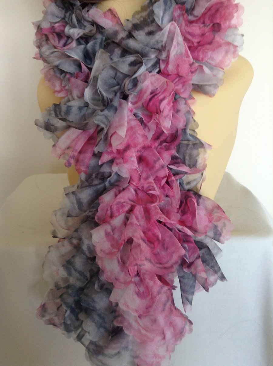 Knitted Frilly Ribbon Scarf in Grey and Pink - Folksy