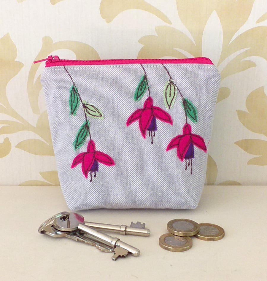 Coin Purse with Embroidered Fuchsias - Folksy