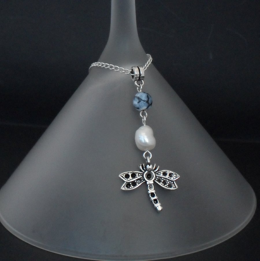 White pearl, agate & dragonfly charm necklace - Folksy