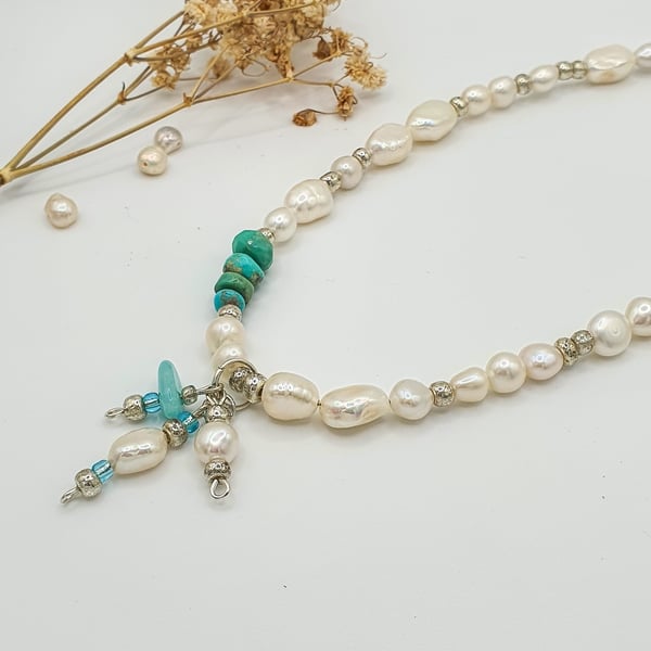 Pearl Necklace Freshwater Ivory Pearl & Tur... - Folksy