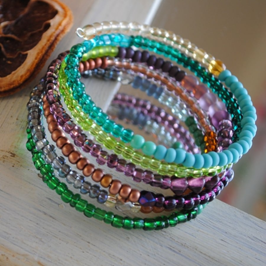 Colourblock rainbow wrap (memory wire) bracelet - Folksy