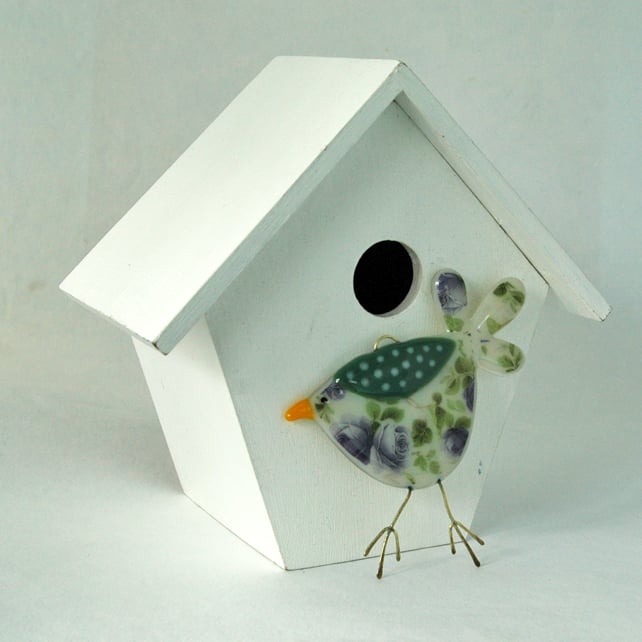 Rose Pattern Fused Glass Bird Decoration - Folksy