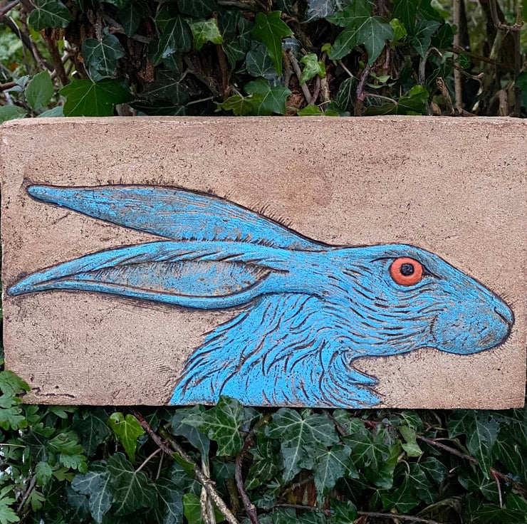 Blue Hare s head low relief sculpture tile wall... - Folksy