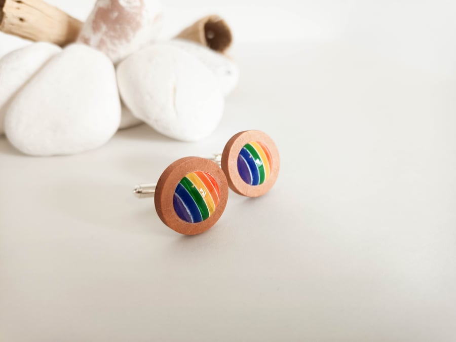 Wood and Rainbow Cufflinks - Folksy