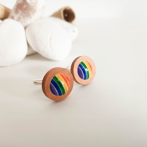 Wood and Rainbow Cufflinks - Folksy
