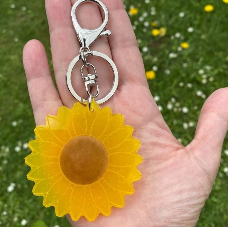 Sunflower yellow resin key ring with split ring... - Folksy