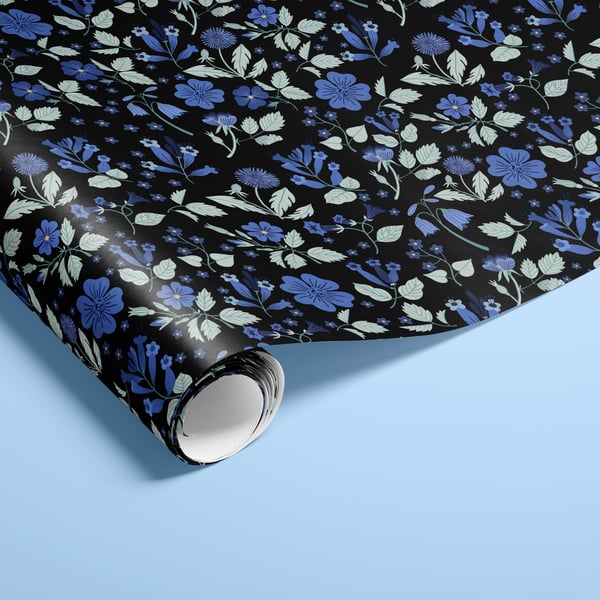 Black Meadow Blue Florals Wrapping Paper FSC 50... - Folksy