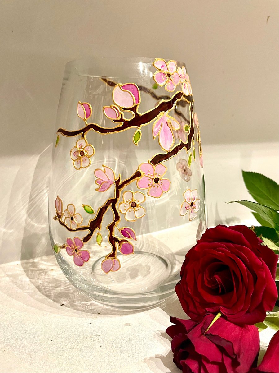 Hand Painted Glass Vase Cherry Blossom Gifts Ne... - Folksy