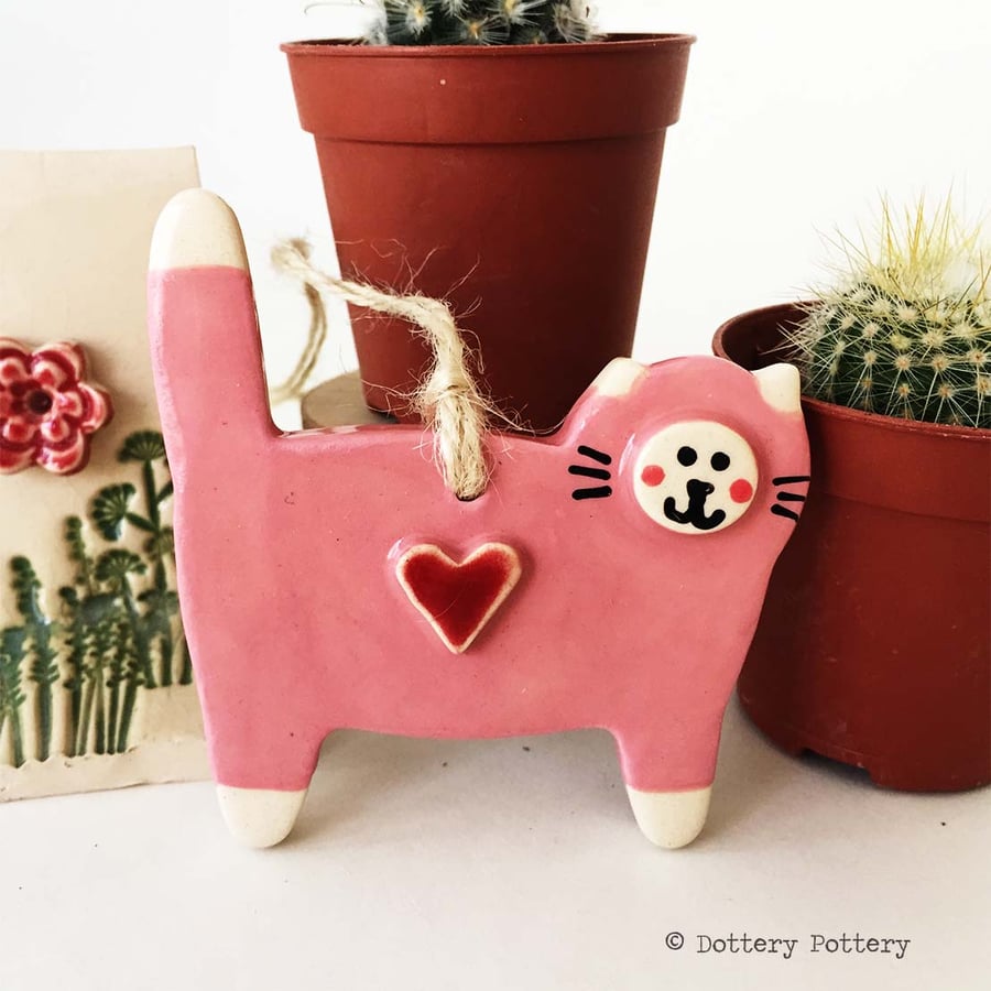 Pottery Cat hanging decoration ceramic cat - Folksy