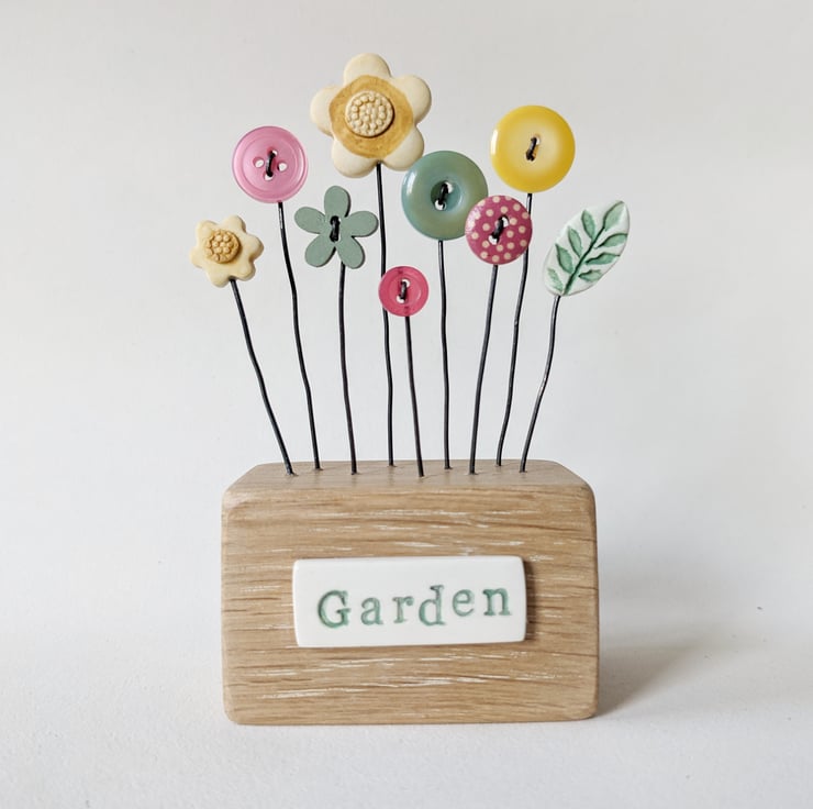 Clay and Button Flower Garden in a Wood Block '... - Folksy