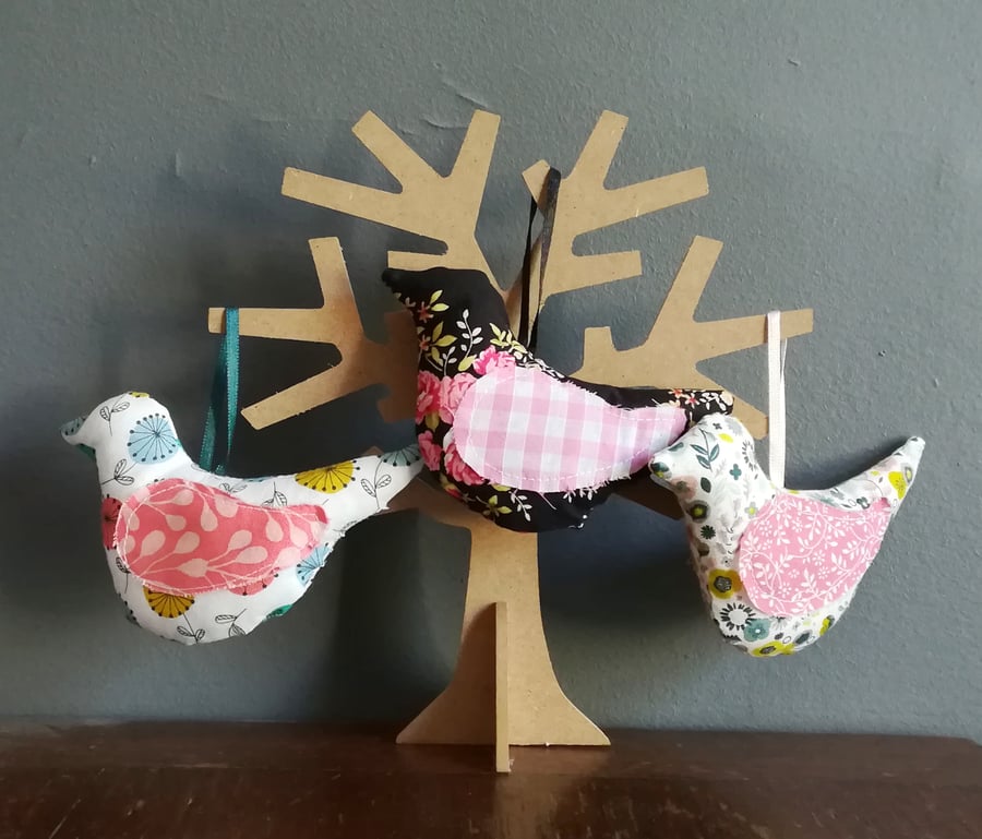 Floral fabric birds, Hanging bird ornament, Pri... - Folksy