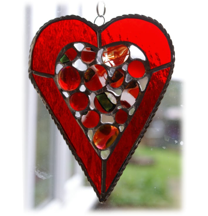 SOLD Heart Suncatcher Stained Glass Red Abstrac... - Folksy