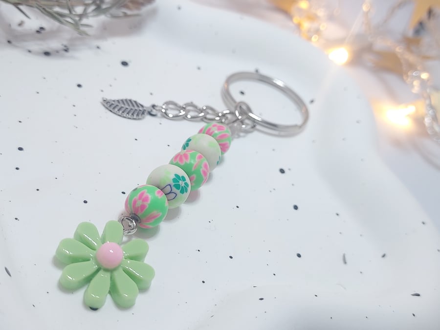 Green Beaded Keyrings With Green Flower - Folksy