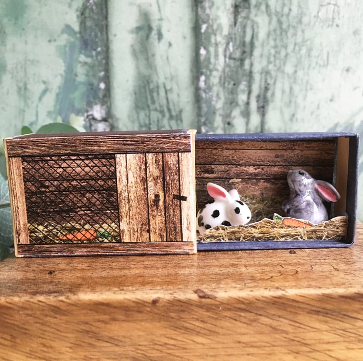 Matchbox art. Diorama - Rabbits in hutch - Folksy