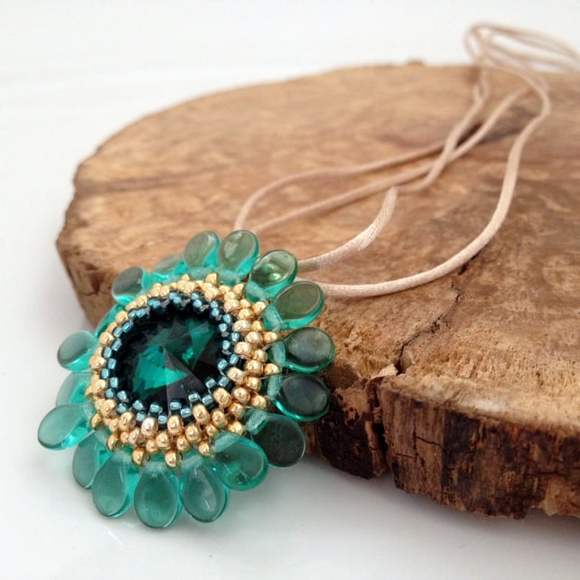 SALE - Teal Flower Pendant Necklace - Folksy
