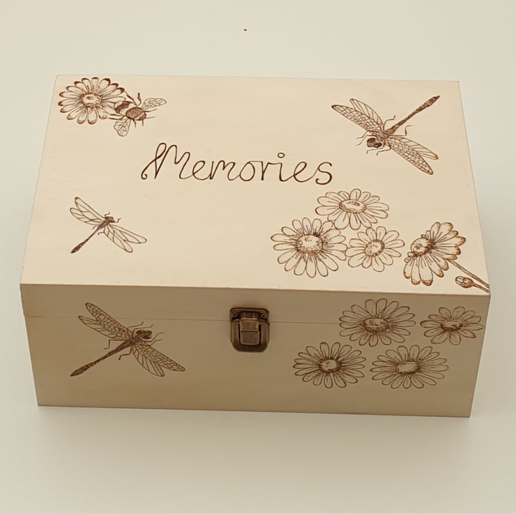 Wood burned memory keepsake box with dragonflie... - Folksy