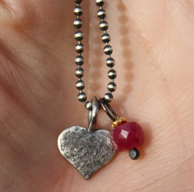 Oxidised Sterling silver and ruby heart necklac... - Folksy