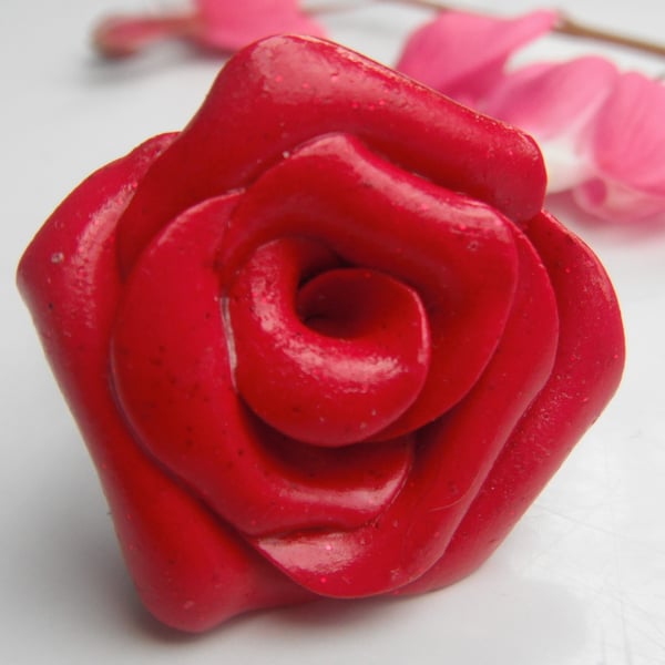 Large Glitter Red Fimo Rose Ring - Folksy