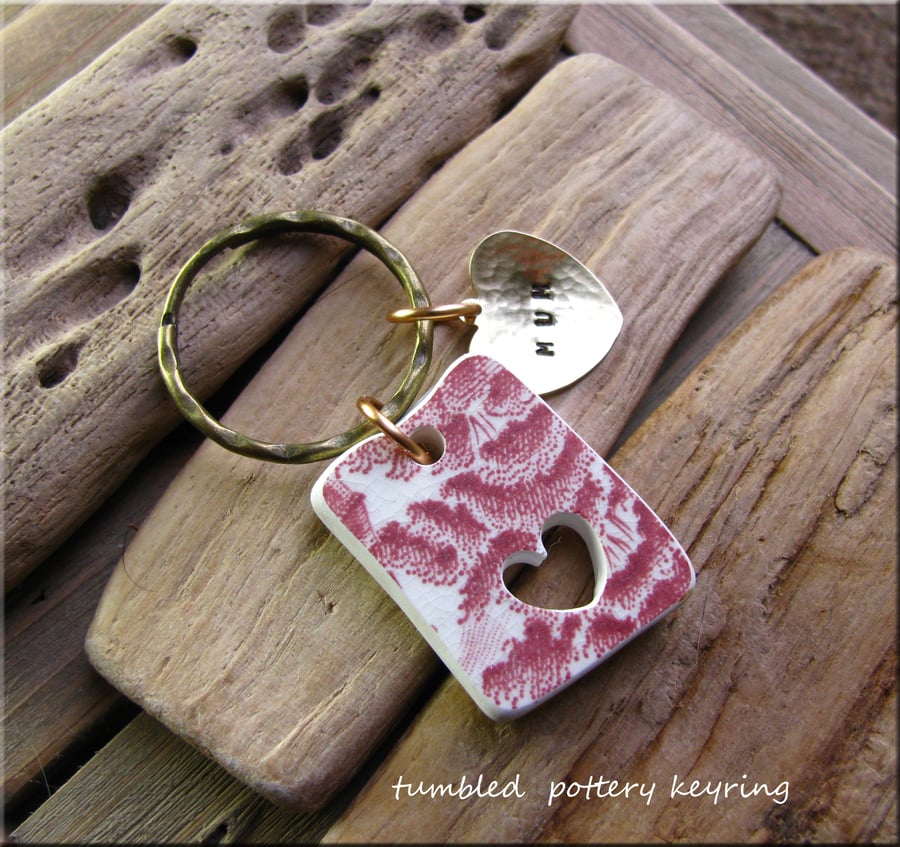 Tumbled pottery shard drilled heart, keyring - Folksy