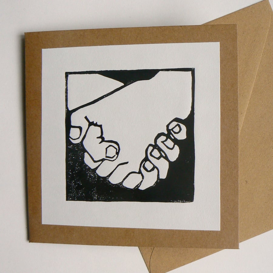 Holding hands, hand printed linocut card - Folksy