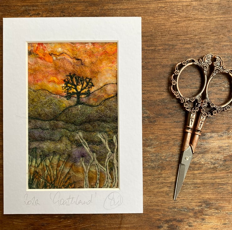 Embroidered wet felting sunset moorland landsca... - Folksy