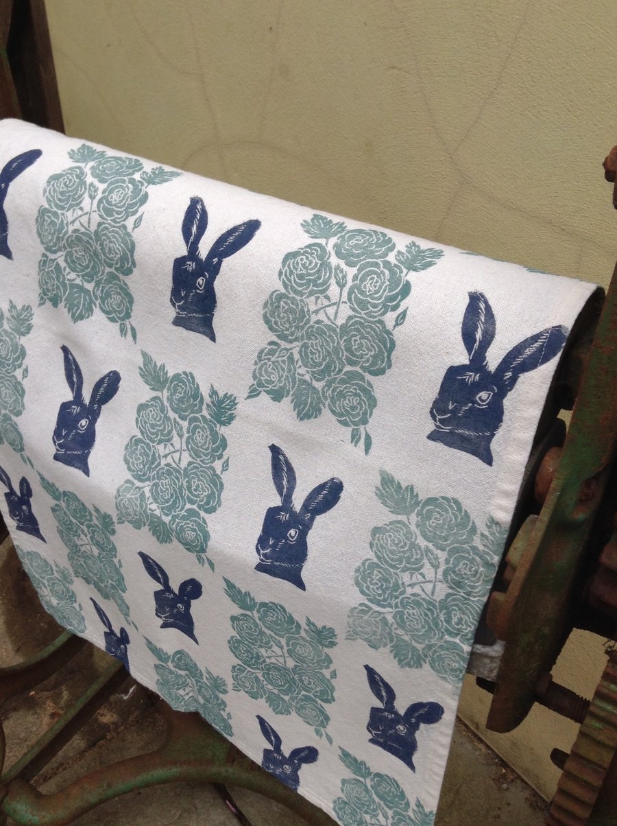 Hand Printed Hare Tea Towel - Folksy