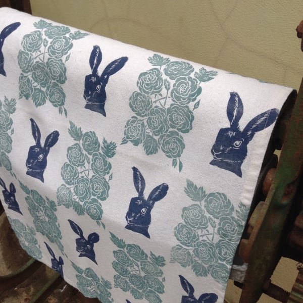 Hand Printed Hare Tea Towel - Folksy