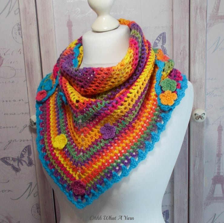 Bright rainbow crochet shawl, scarf, shawlette,... - Folksy