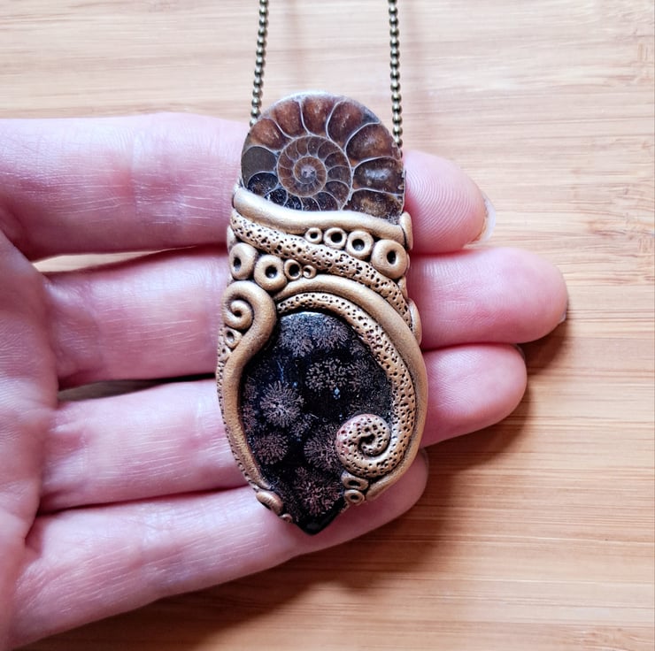 Ammonite with Fossil Coral and Polymer Clay Amu... - Folksy