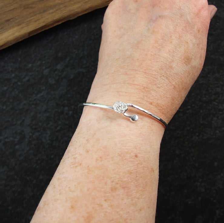 Sterling Silver Tension Bangle with Flower Moti... - Folksy