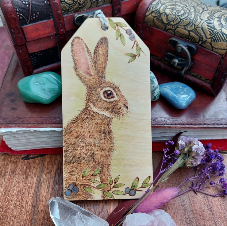 Hare and blackthorn pyrography hanging tag - Folksy