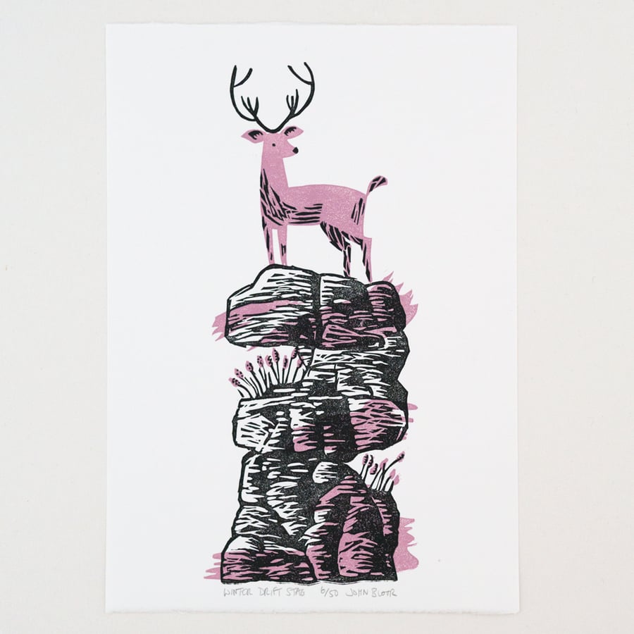 Winter Drifts "Stag" linocut print - Folksy