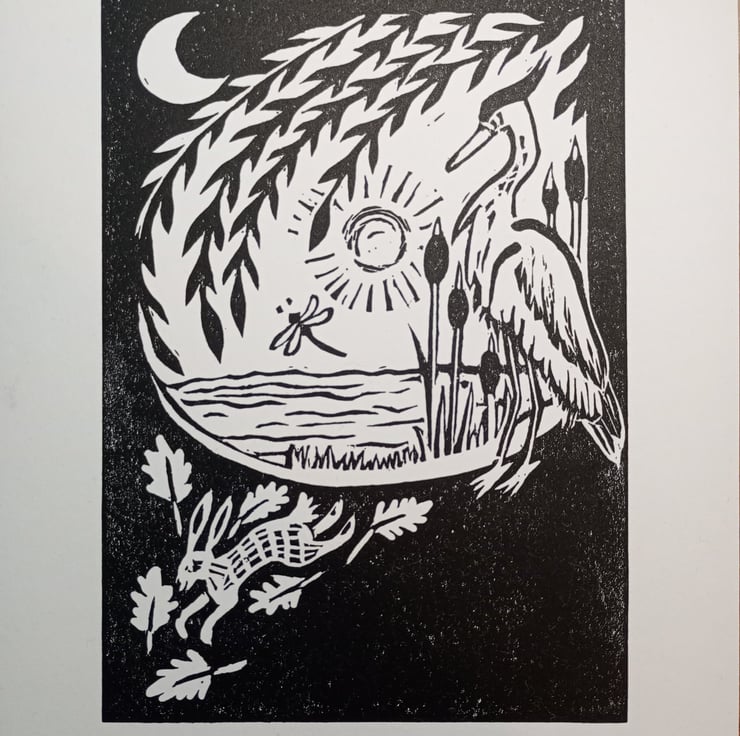 Original A5 linocut print of heron with rabbit - Folksy