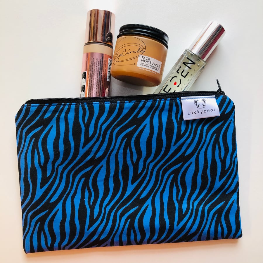 Bright blue zebra print pouch (medium), travel ... - Folksy