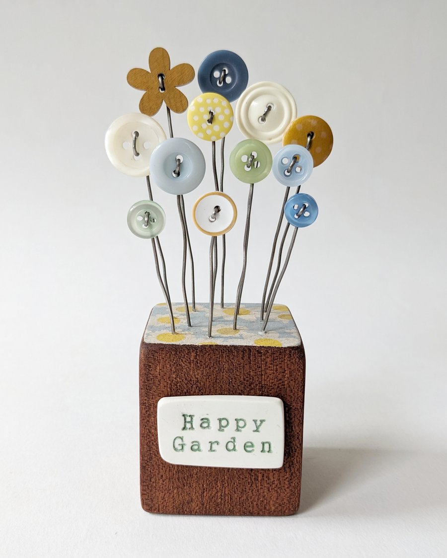 Button Flower Garden in a Wood Block 'Happy Gar... - Folksy